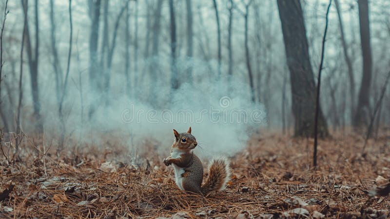 Squirrel in Misty Forest, Smoke Near Ground Stock Image - Image of wood ...