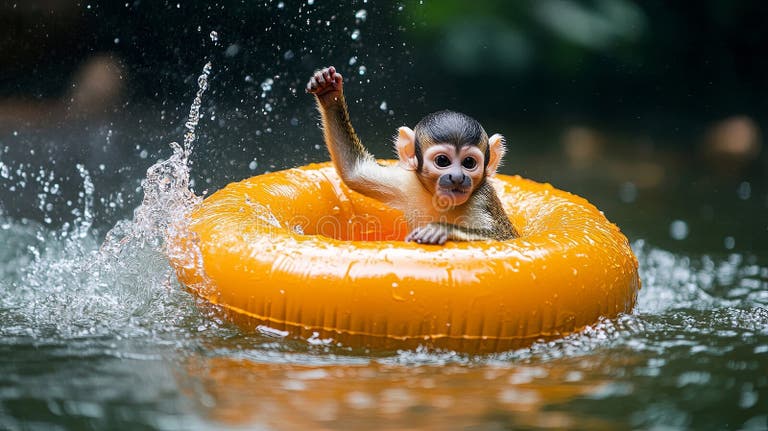 Squirrel Monkey in Orange Float, Playful Splash . Stock Photo - Image ...