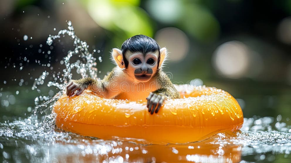 Squirrel Monkey in Orange Float, Playful Splash . Stock Image - Image ...