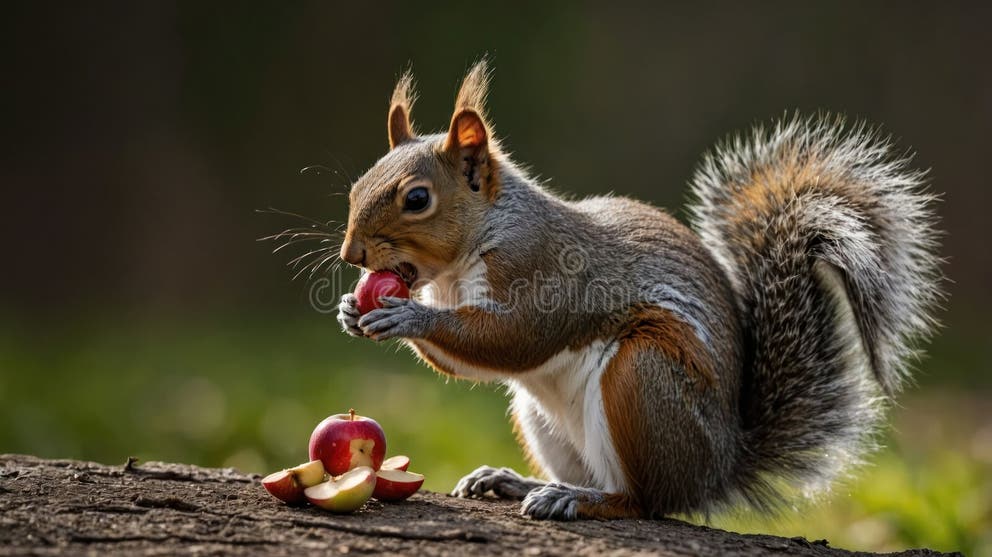 A Squirrel Munching on an Apple, Surrounded by Cut Apple Pieces in a ...