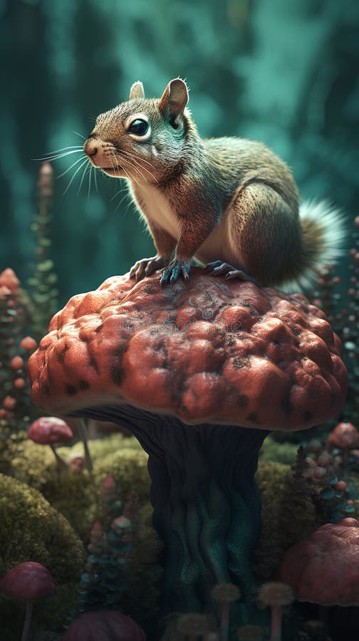Squirrel on a Mushroom. 3D Render. Fantasy Illustration Stock ...