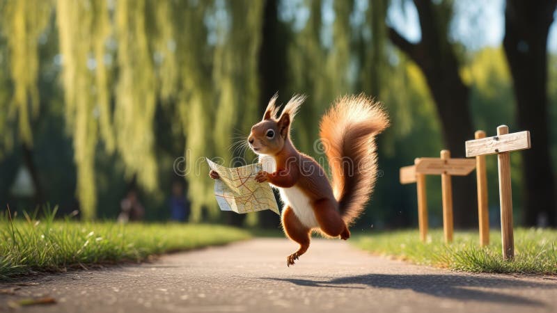 Squirrel Navigating Park with a Map Stock Image - Image of exploring ...