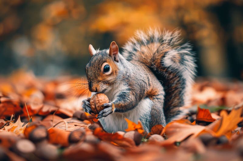 A Squirrel Nibbling on a Nut Amidst Autumn Leaves Capturing the Essence ...