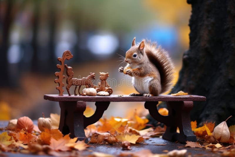 Squirrel Nibbling a Nut on a Park Bench in Autumn Stock Image - Image ...