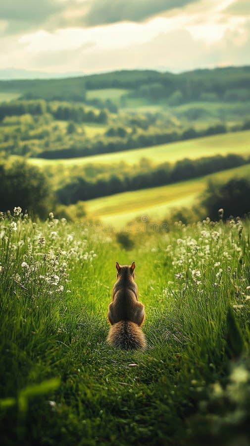 Squirrel Observing Lush Landscape of Rolling Hills and Fields Stock ...