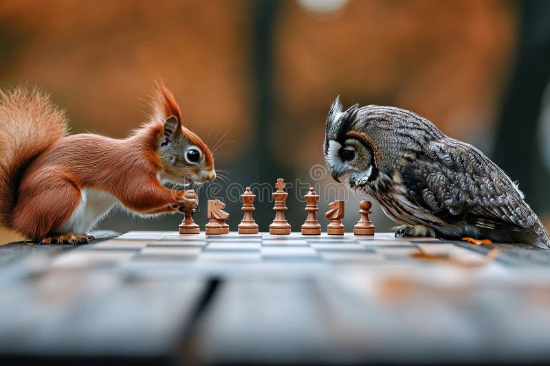 A Squirrel and an Owl Playing Chess on a Chess Board Stock Photo ...
