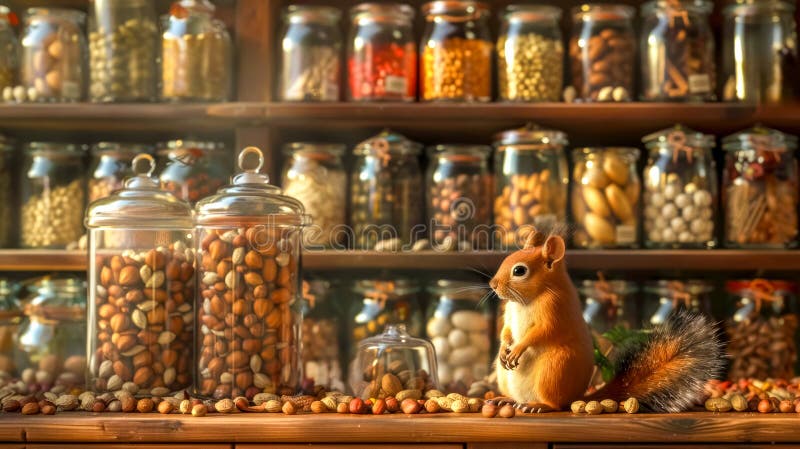 Squirrel in a Pantry with Nuts and Jars Stock Photo - Image of walnuts ...