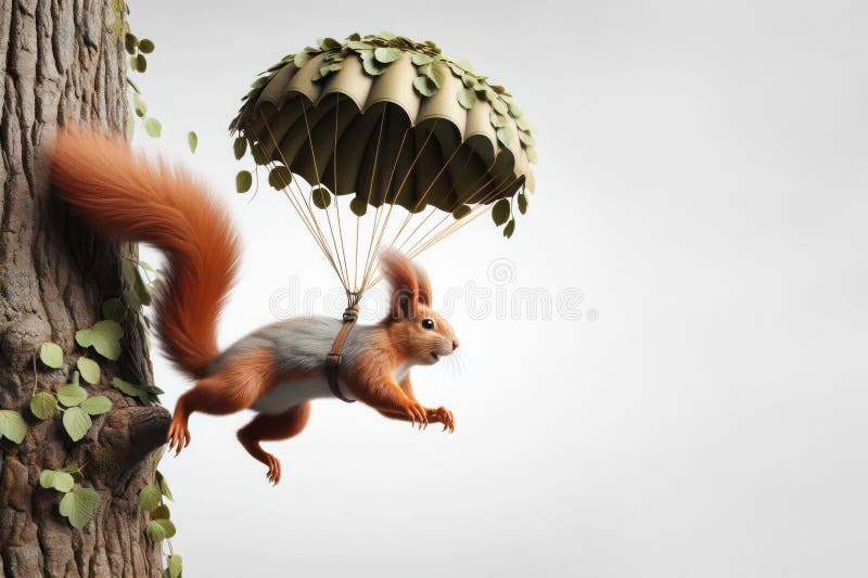 A Squirrel with a Parachute Made of Leaves. Space for Text. Stock Photo ...