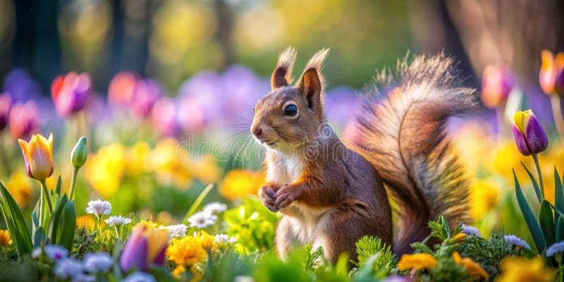 Squirrel in the Park in Spring with Flowers Around AI-Created Content ...
