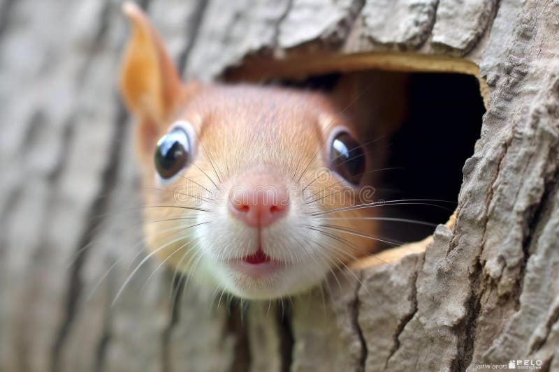 Squirrel Peeking Out of a Hole in a Tree, Close-up Stock Illustration ...