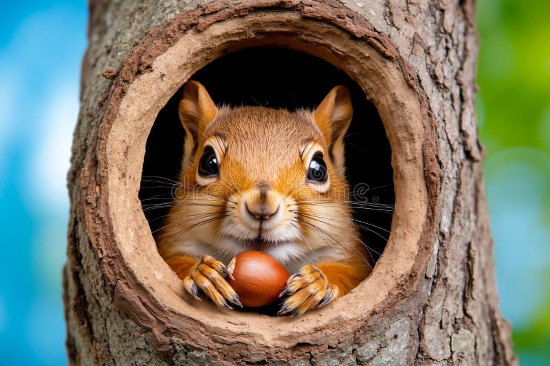 A Squirrel Peeking Out of a Hole in a Tree Stock Image - Image of tree ...