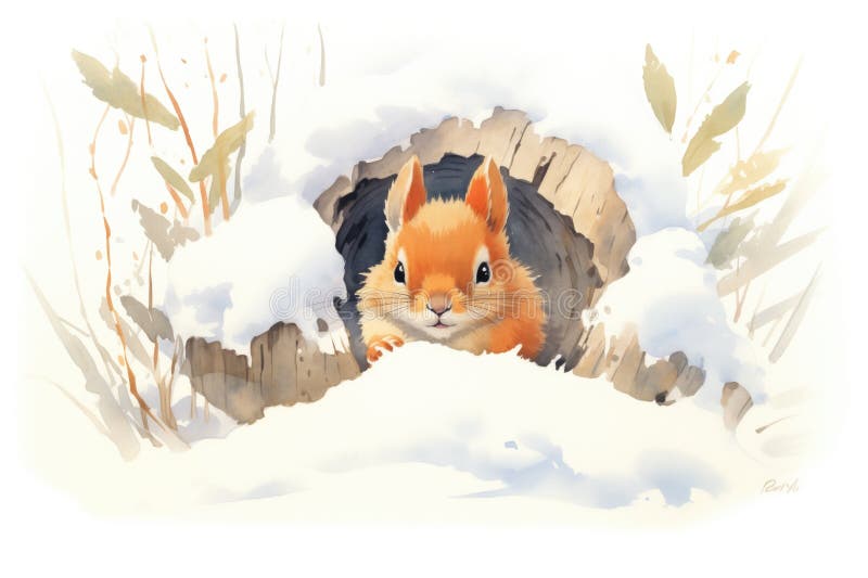 Squirrel Peeking Out of Snow-covered Burrow Stock Photo - Image of ...