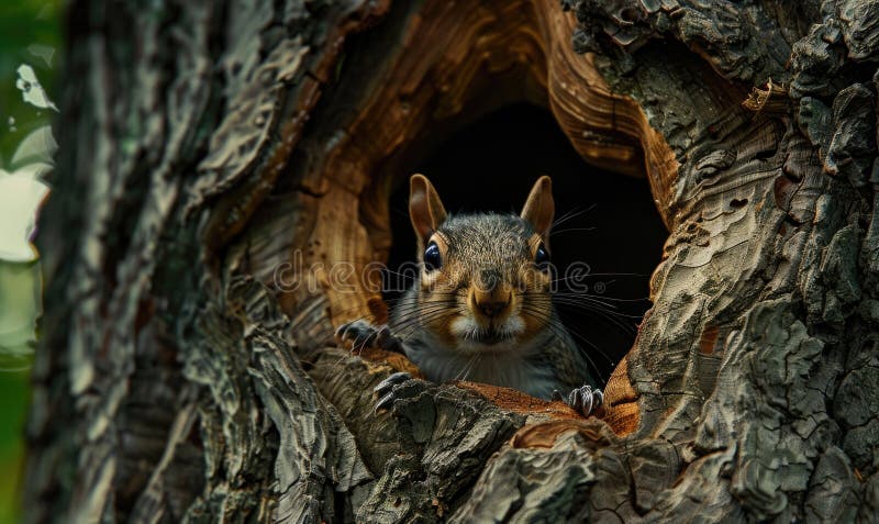Squirrel Peeking Out from a Tree Hollow Stock Image - Image of small ...
