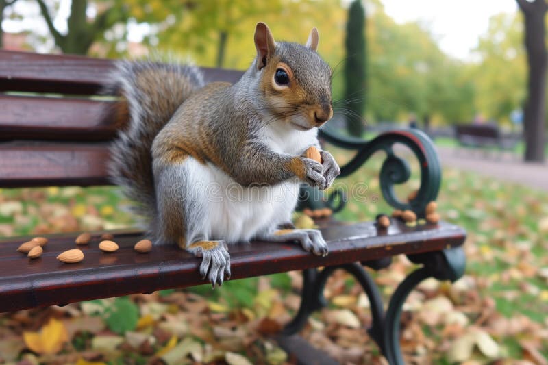 Squirrel Perched on a Park Bench with Almond Stock Photo - Image of ...