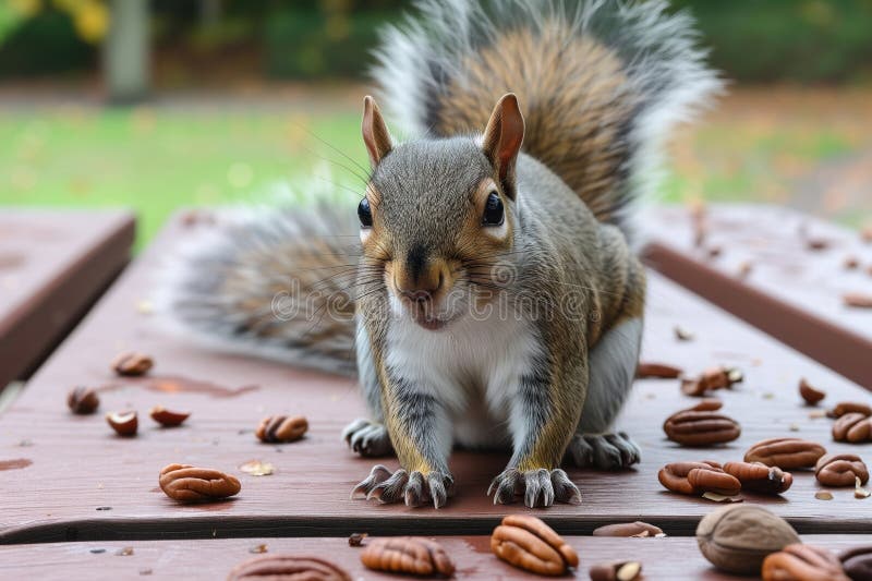 Squirrel on Picnic Table with Pecans Scattered Around Stock Photo ...