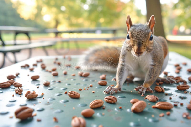 Squirrel on Picnic Table with Pecans Scattered Around Stock Image ...