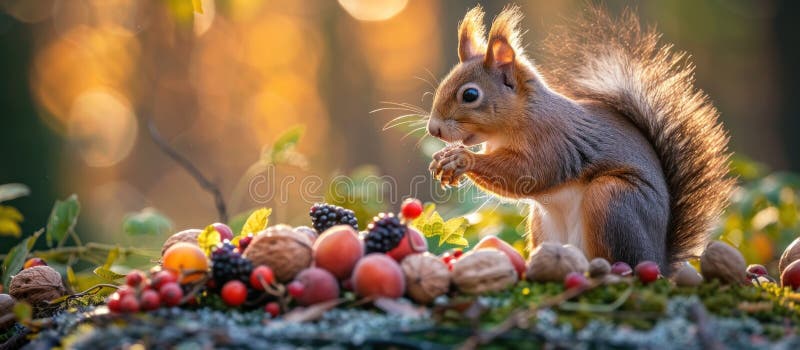 Squirrel on Pile of Fruit stock photo. Image of curious - 313715486