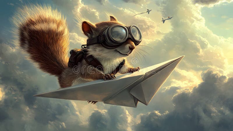 A Squirrel Pilot Flying a Paper Airplane in the Sky Stock Illustration ...