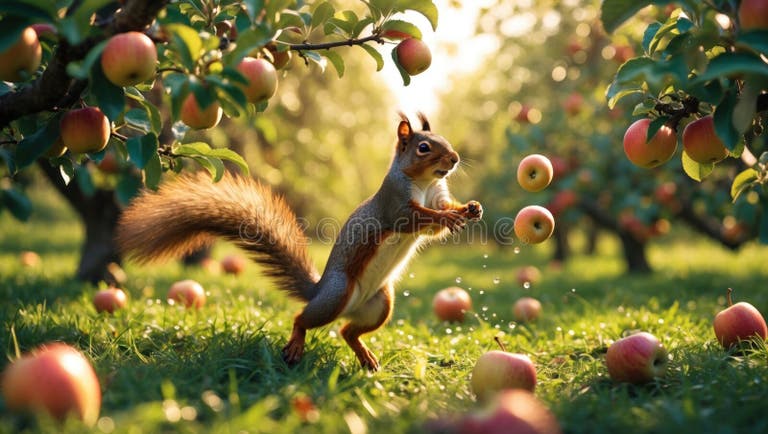 Playful Squirrel Juggling Apples in Orchard Stock Illustration ...