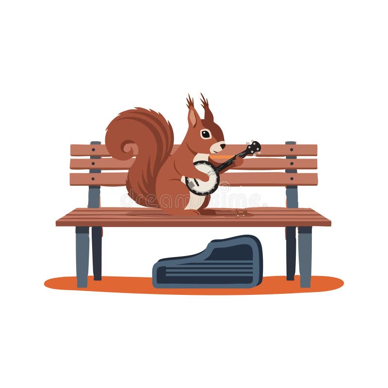 Squirrel Playing Banjo on Wooden Bench with Open Case Vector ...