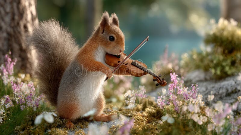 Squirrel Playing Violin in Enchanting Forest Setting with Wildflowers ...