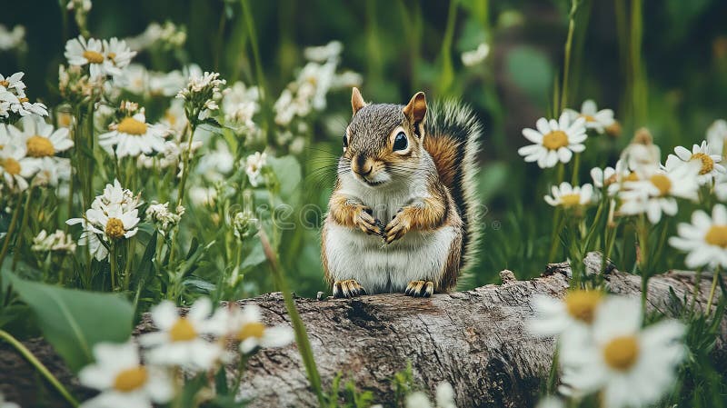 Squirrel Posing Amidst Daisies, Forest Log, Spring Stock Photo - Image ...