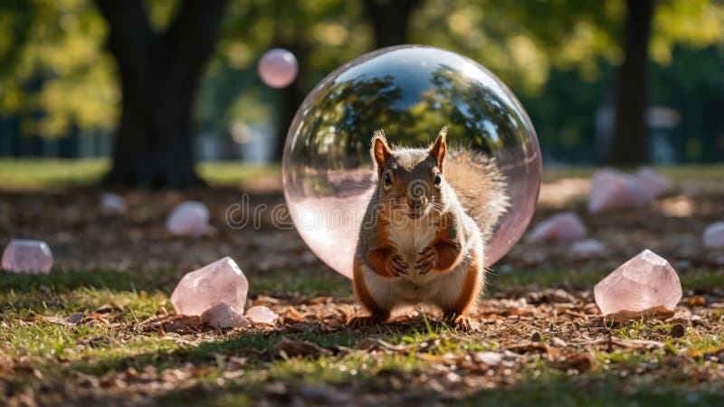 Adorable Squirrel Posing with Pink Crystals and a Glass Sphere in a Sunny Park Stock ...