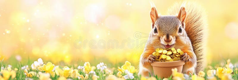 Squirrel with a Pot of Gold Coins in a Vibrant Flower Field Stock Image ...