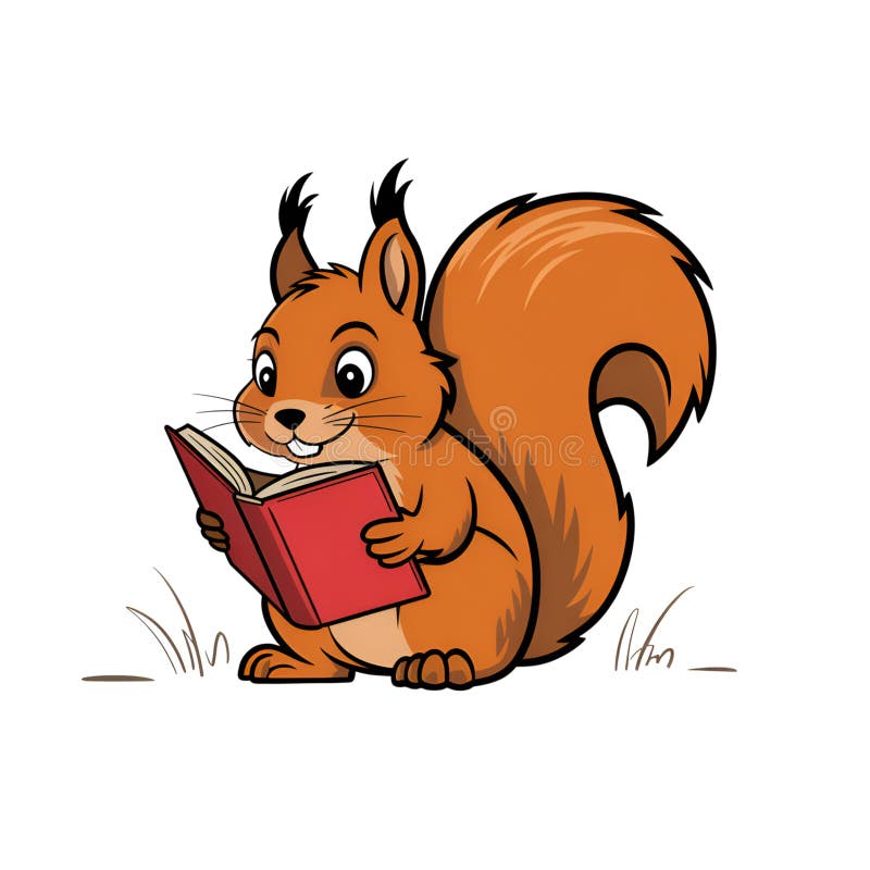 Squirrel Reading a Book Illustration on a White Background, Cute Animal ...