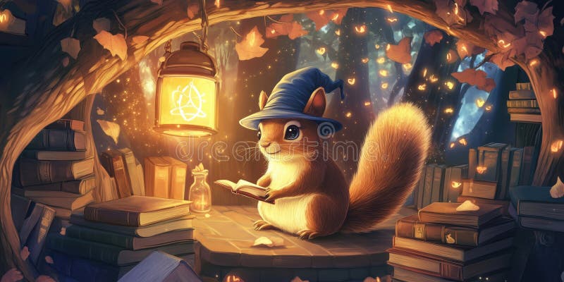 Squirrel Reading Book Under Magical Lantern in Enchanted Forest ...