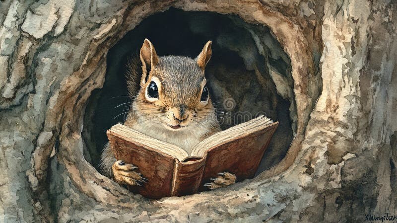 Squirrel Reading in a Tree Hollow Quality. Stock Image - Image of funny ...
