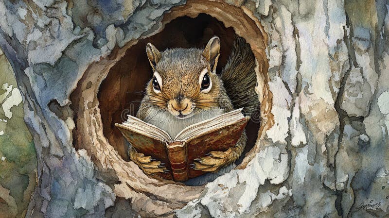 Squirrel Reading in a Tree Hollow: Quality. Stock Image - Image of ...