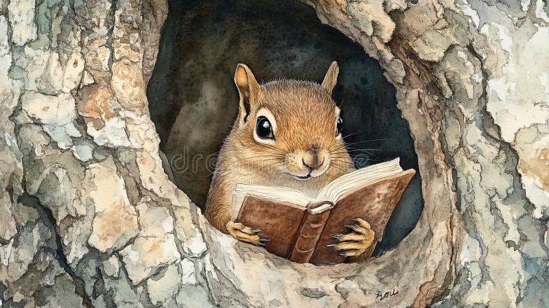 Squirrel Reading in a Tree Hollow Quality. Stock Image - Image of ...