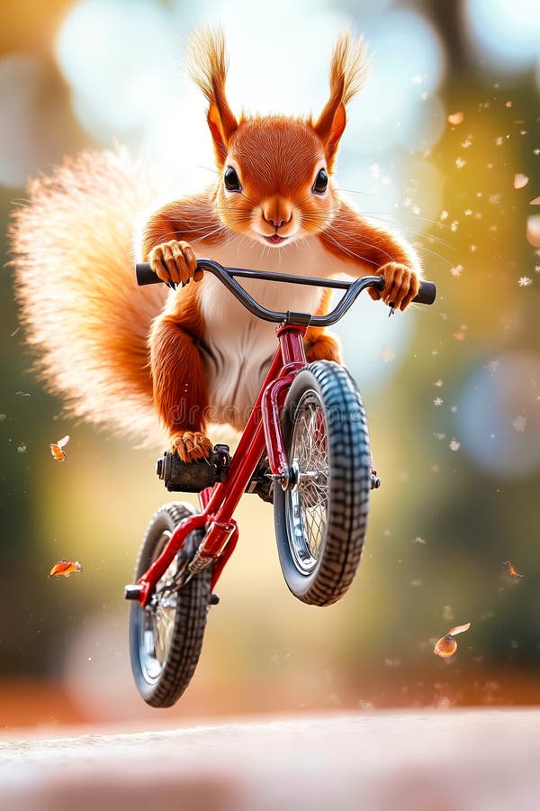 A Squirrel Riding a Red Bike in the Air Stock Illustration ...
