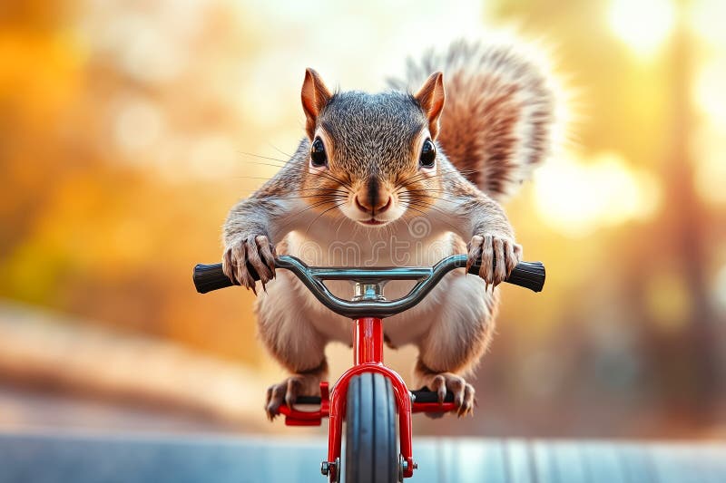 A Squirrel Riding a Red Bike on a Sunny Day Stock Image - Image of ...