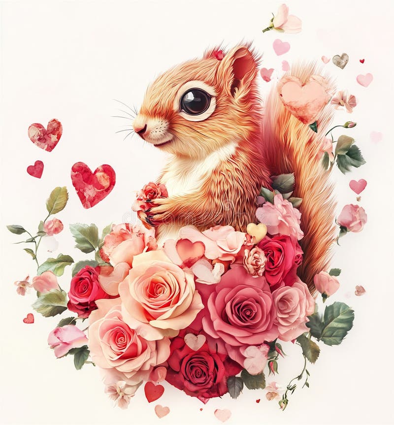 Squirrel in Roses and Flowers Stock Illustration - Illustration of ...