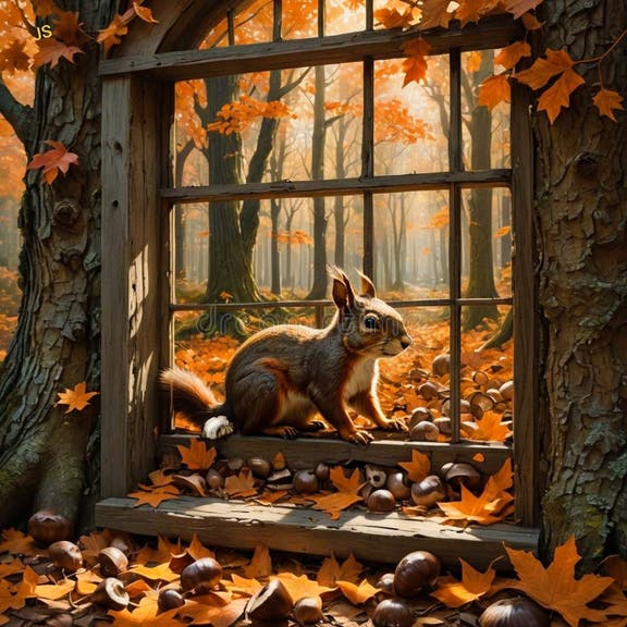 The Squirrel& X27;s Autumn Window View Stock Illustration ...
