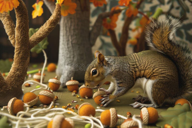 Squirrel Scavenging through Faux Acorns and Plush Trees Stock Image ...