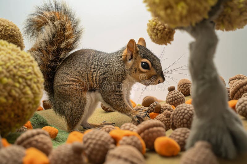 Squirrel Scavenging through Faux Acorns and Plush Trees Stock Photo ...
