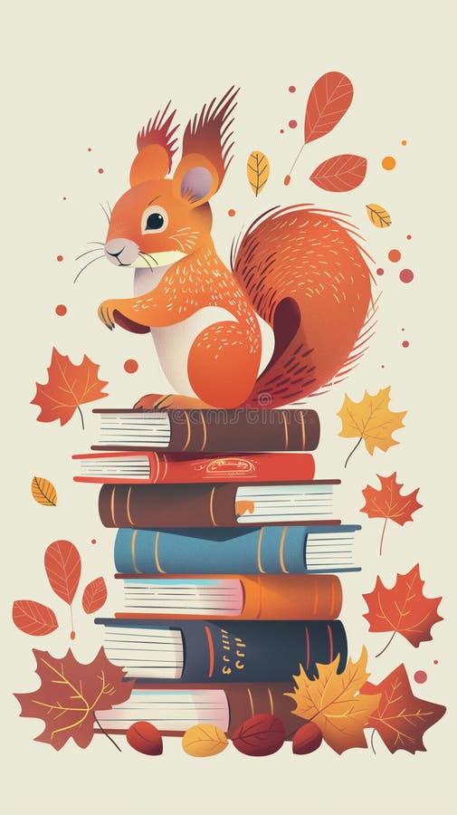 Squirrel Sits on a Stack of Books. Image for Library and Back To School ...