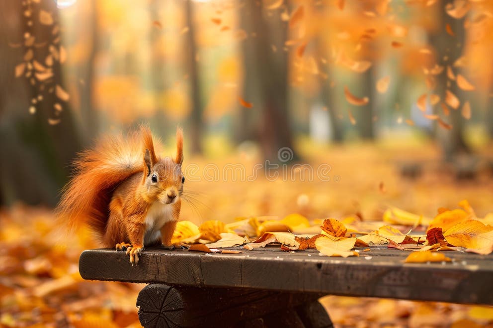 Squirrel Sitting on the Bench in Autumn Park Stock Illustration ...
