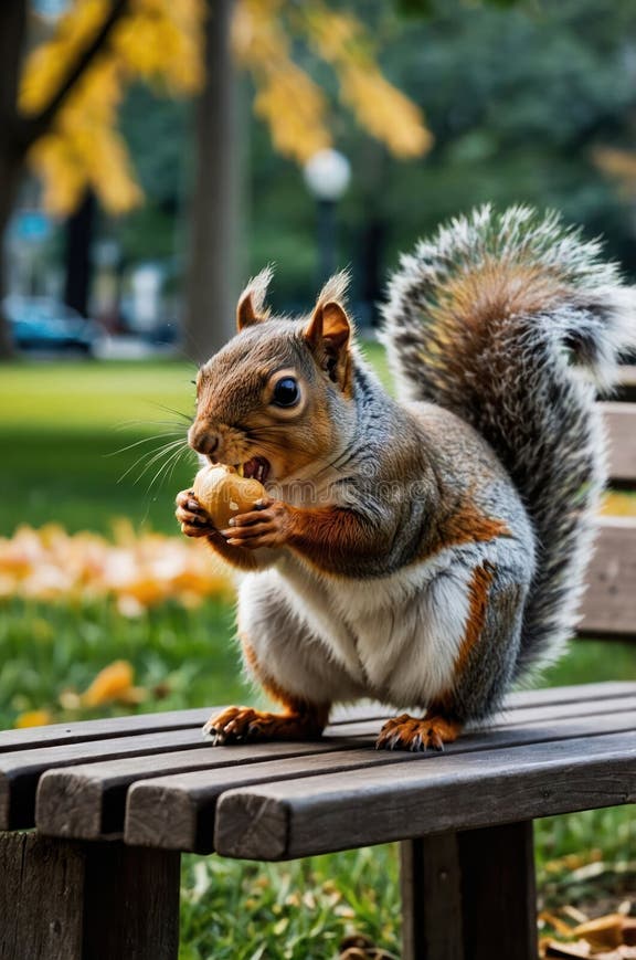 Adorable Squirrel Eating a Nut on a Park Bench in Autumn Stock ...