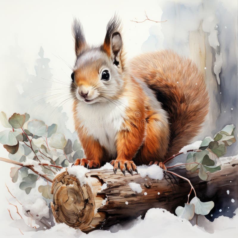 Squirrel Sitting on a Log in the Winter Forest. Watercolor Painting ...