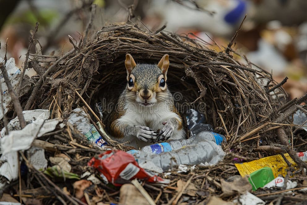 A Squirrel is Sitting in a Nest Made of Plastic Bottles Picture Stock ...