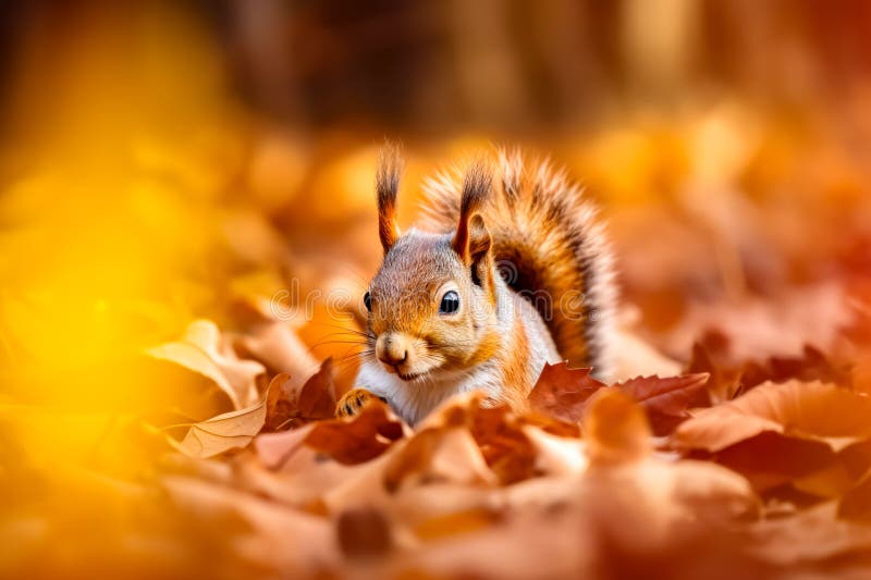 Squirrel is Sitting in Pile of Leaves and Looking at the Camera ...