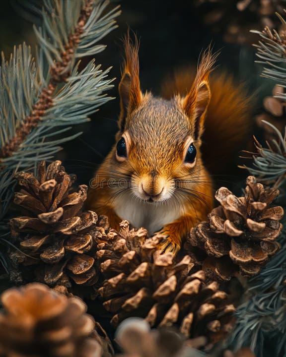 A Squirrel Sitting in a Pine Cone Surrounded by Pine Cones Stock Photo - Image of bushy, brown ...