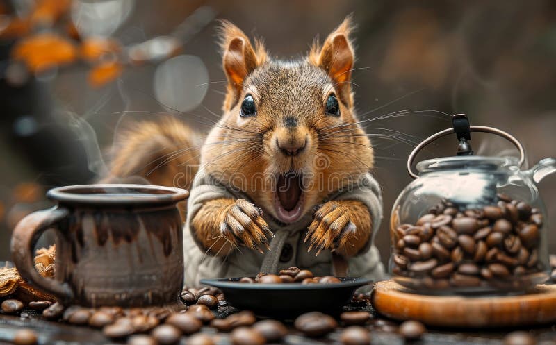 A Squirrel is Sitting on a Table with a Cup of Coffee and a Bowl of ...