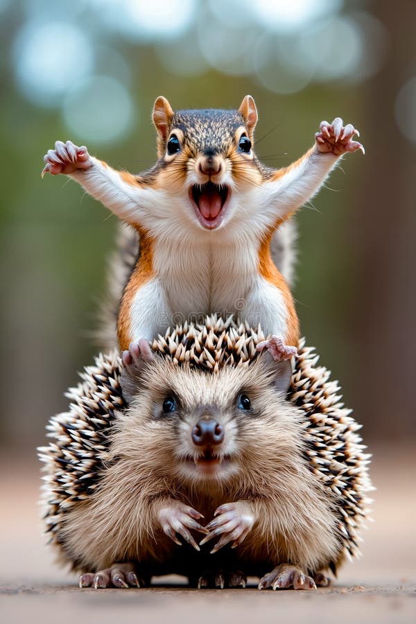 A Squirrel Sitting on Top of a Hedgehog with Its Arms Outstretched ...