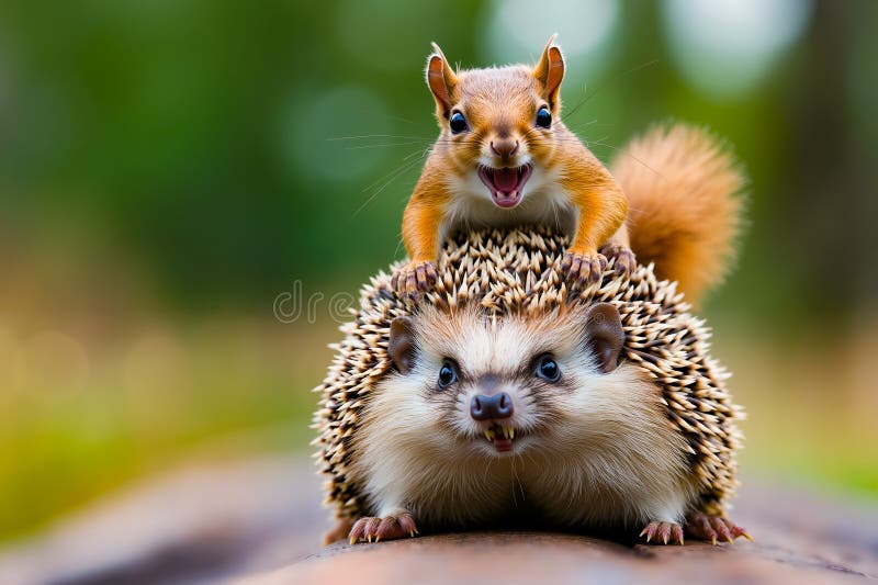 A Squirrel Sitting on Top of a Hedgehog on a Rock Stock Photo - Image ...