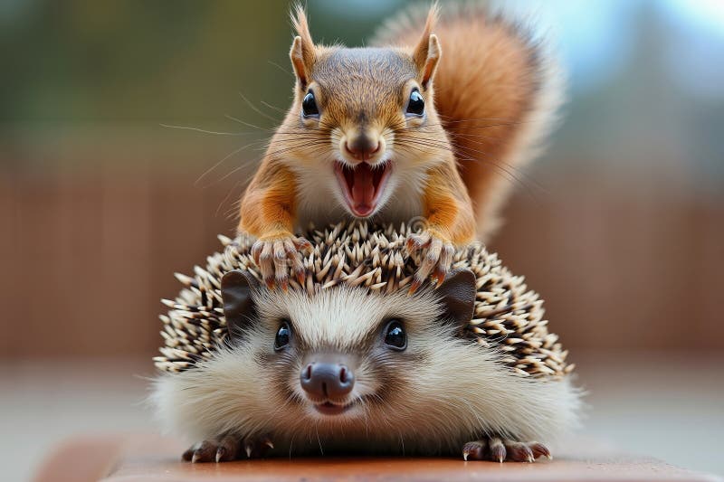 A Squirrel Sitting on Top of a Hedgehog on a Table Stock Photo - Image ...